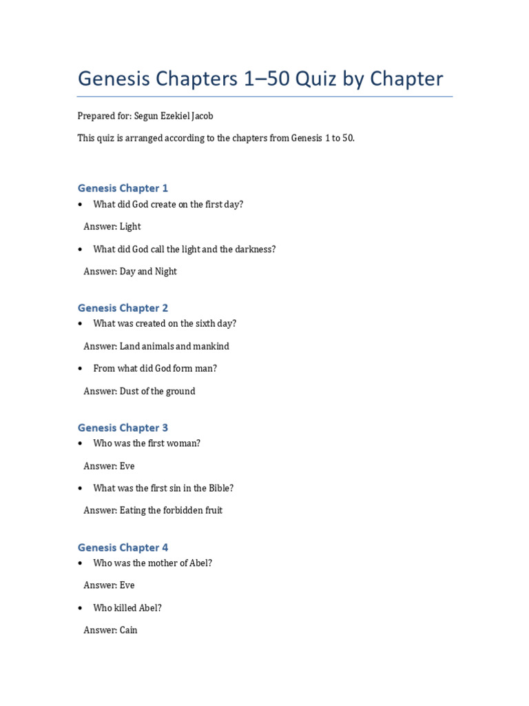 Genesis 1-50 Quiz with Answers | PDF | Abraham | Jacob