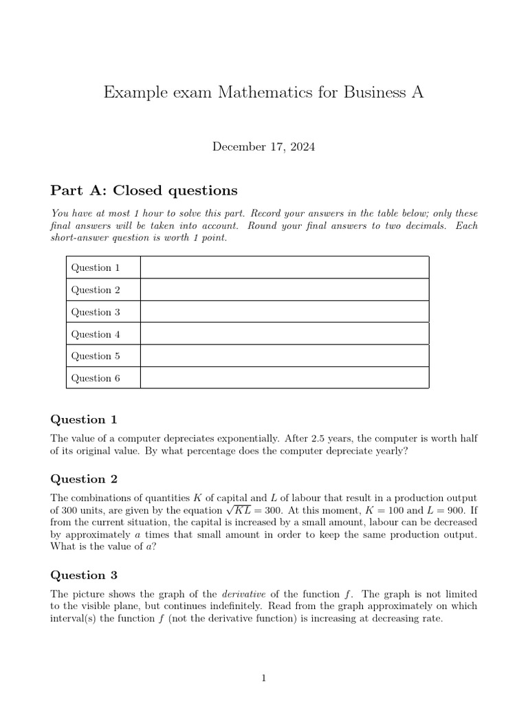 Mathematics for Business Exam Example | PDF
