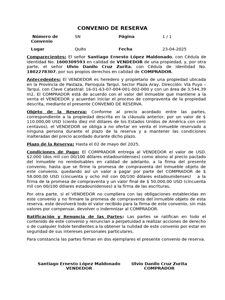 Convenio de Reserva | PDF