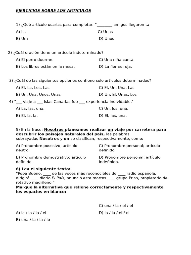 Ejercicios sobre artículos en español | PDF