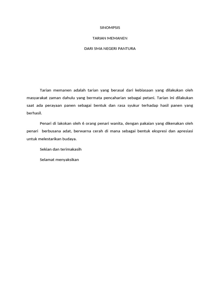 Sinopsis Tarian Panen | PDF