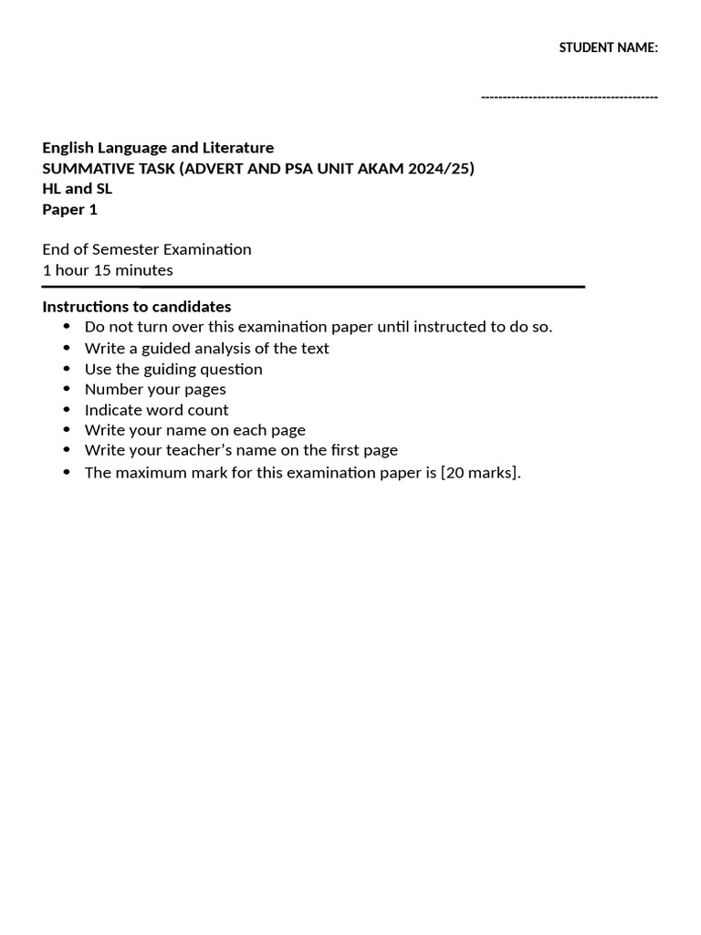 Summative Task Advert and Psa Unit Akam 2024-25 Psa Paper 1 Exam Dp1 ...