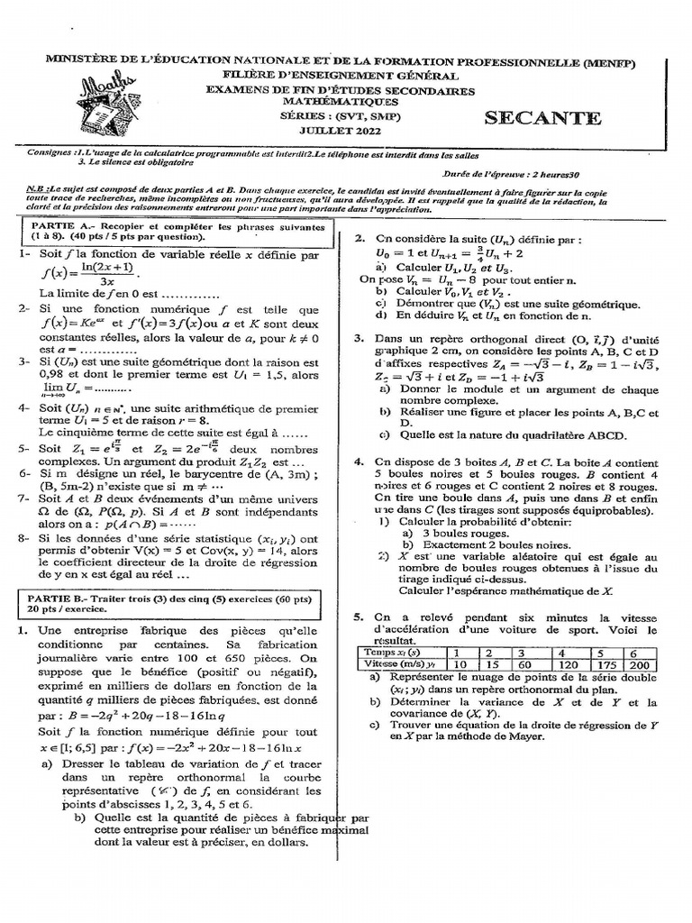 Maths 2022 SVT-SMP Secante | PDF