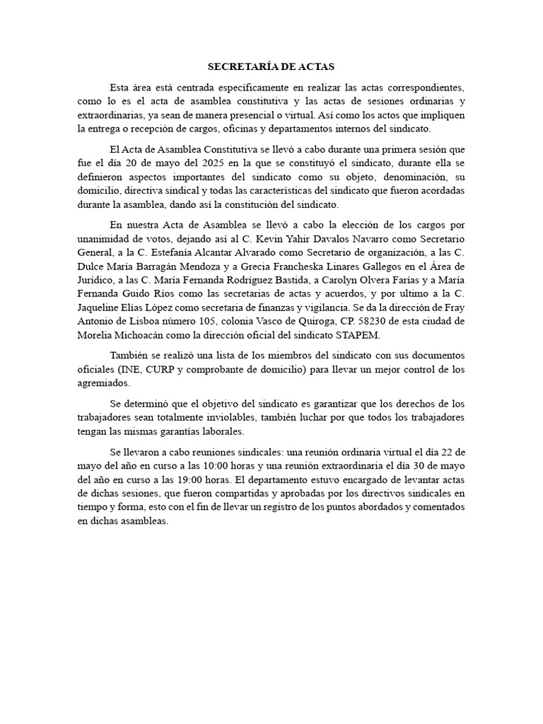 Informe de Secretaría de Actas | PDF