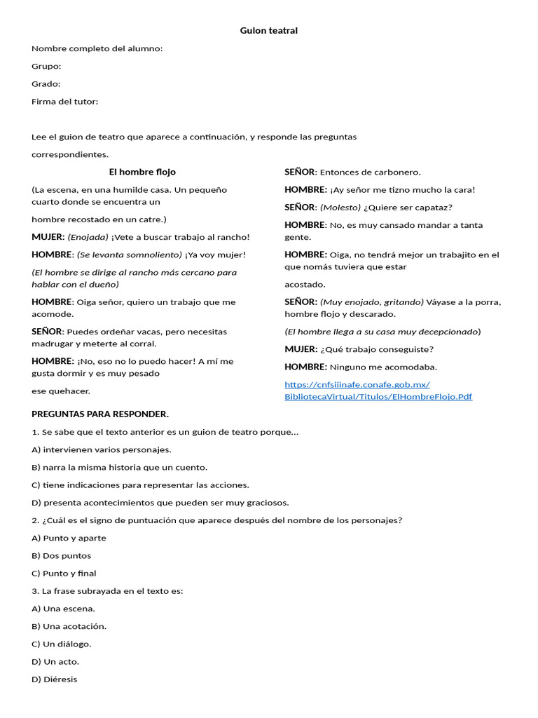 Guion Teatral: El Hombre Flojo | PDF