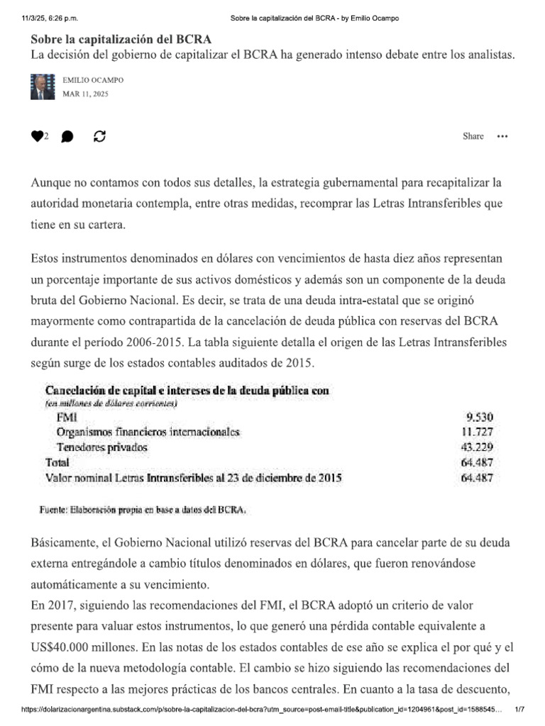EMILIO OCAMPO. Sobre La Capitalización Del BCRA - Gmail - 0325 | PDF