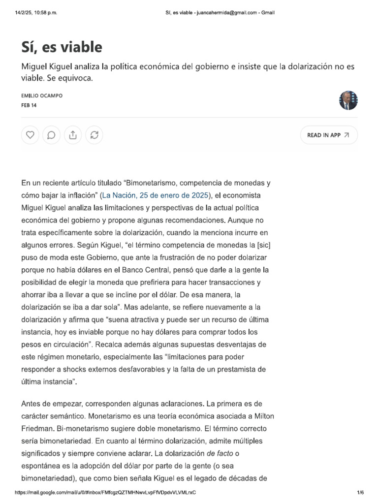 EMILIO OCAMPO. La Dolarizacion Si Es Viable. A Raiz de La Opinion de ...