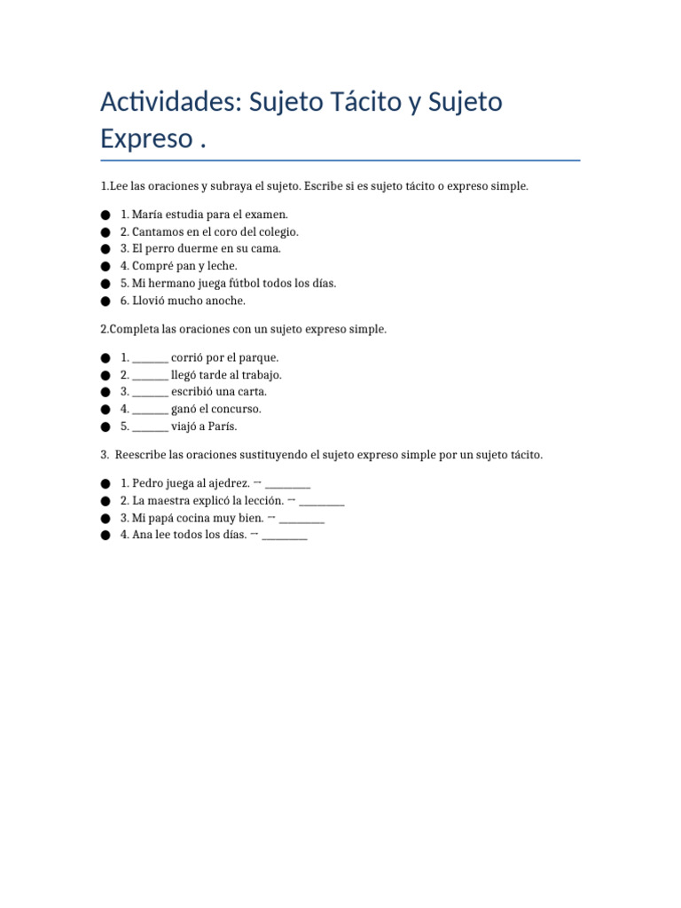 Actividades Sujeto Tacito Expreso | PDF