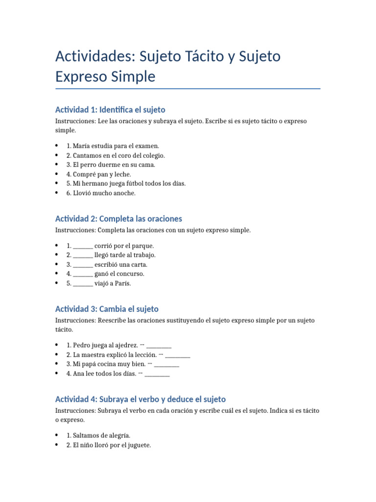 Actividades sobre Sujeto Tácito y Expreso | PDF