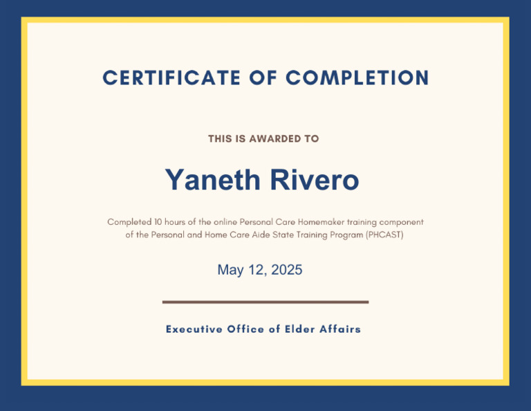 Personal Care Homemaker Certificate Yaneth Rivero 1 | PDF