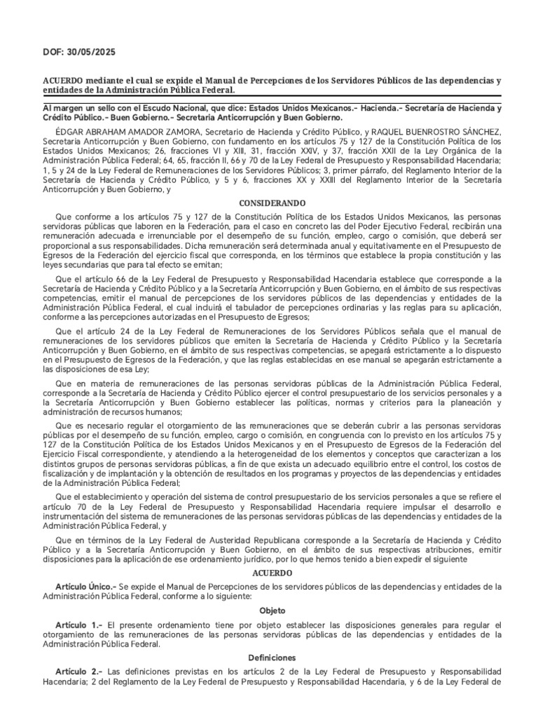 Acuerdo Mediante El Cual Se Expide El Manual de Percepciones de Los ...