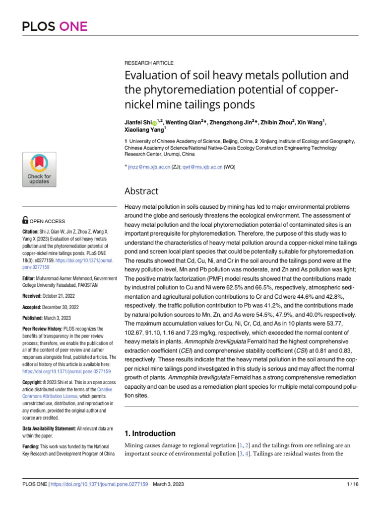 Evaluation of Soil Heavy Metals Pollution and The Phytoremediation ...