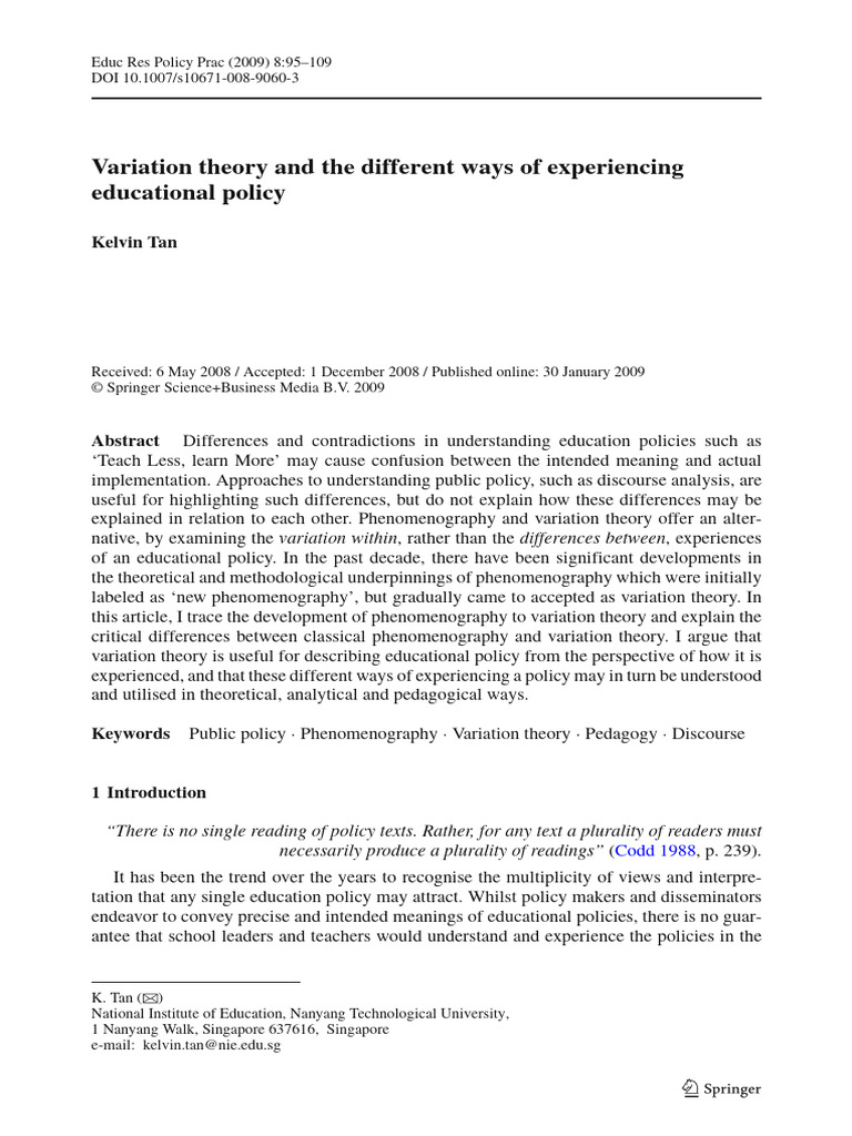 Variation Theory in Educational Policy | PDF | Pedagogy | Methodology