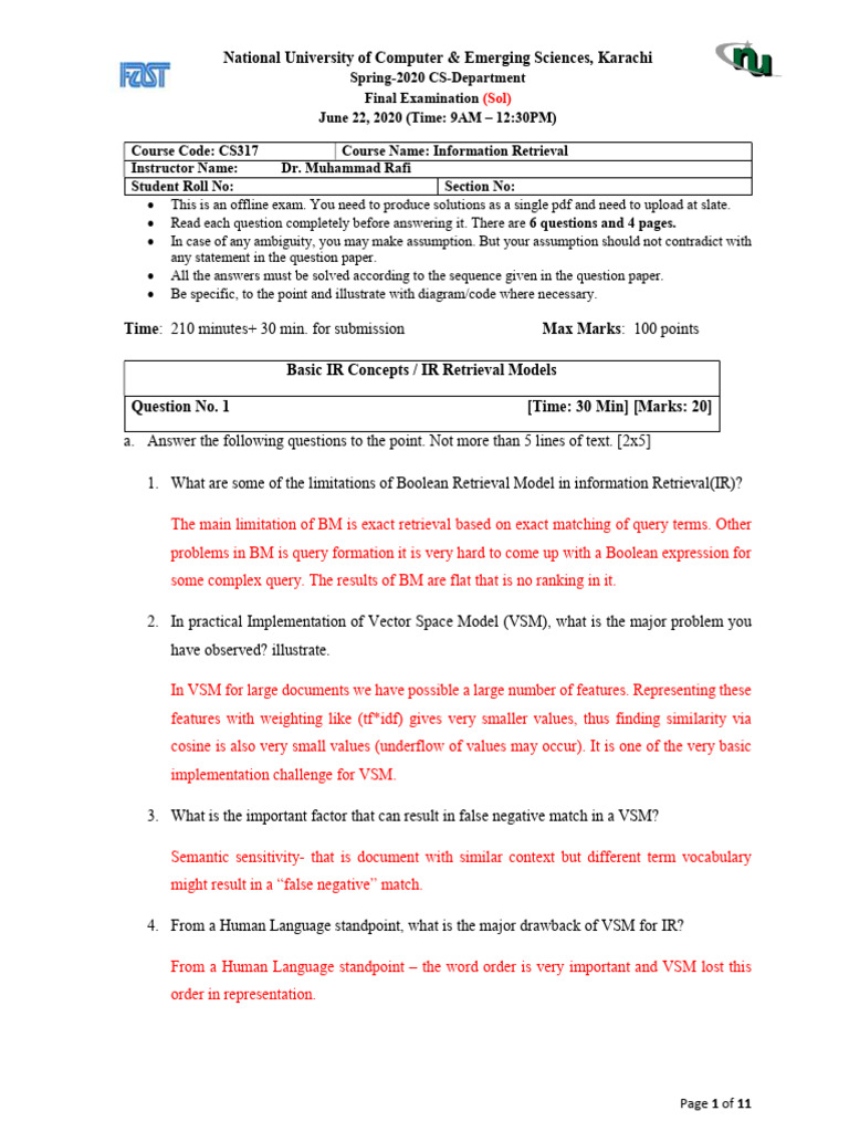 Final Exam (Spring 2020 - V1) | PDF | Information Retrieval