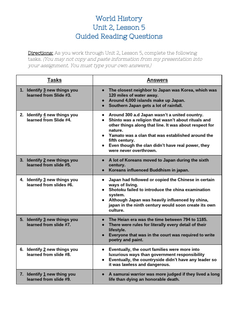 World History - Unit 2, Lesson 5 - Guided Reading Notes | PDF | Japan