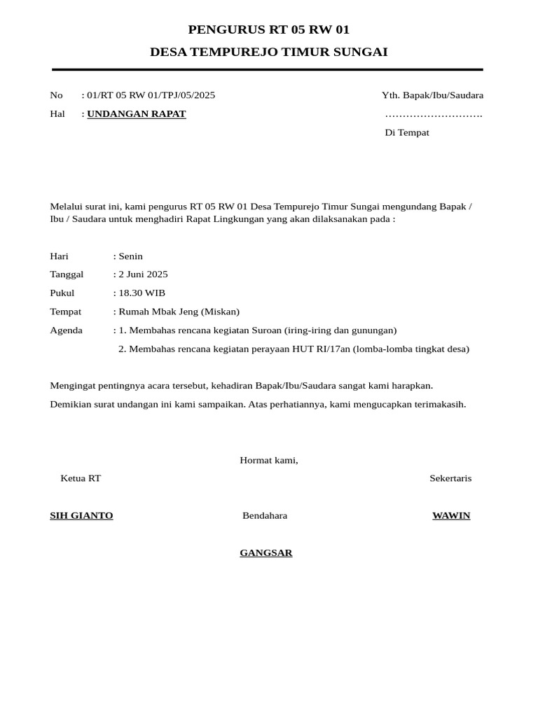 Undangan Rapat Pengurus RT 05 RW 01 | PDF