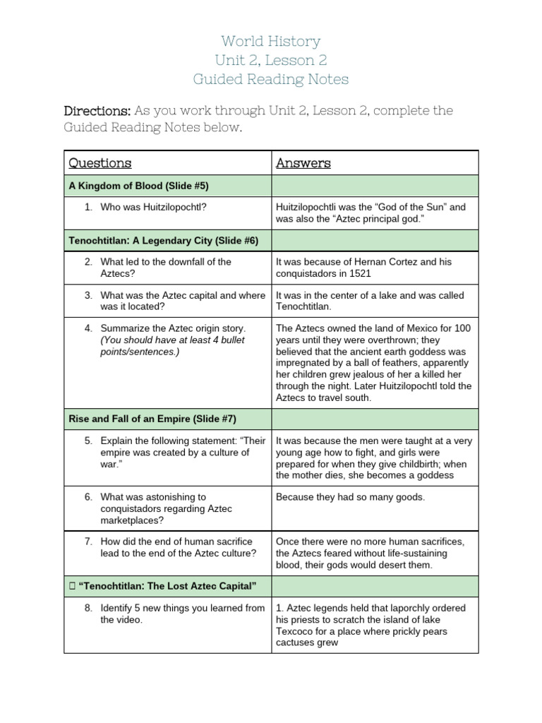 World History - Unit 2, Lesson 2 Guided Reading Notes | PDF | Aztec ...