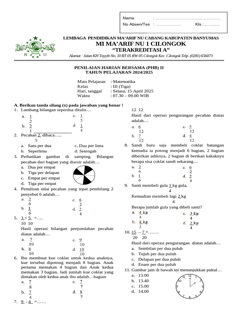 3_soal Matematika Phb 2 Kelas 3 2024 2025 | PDF