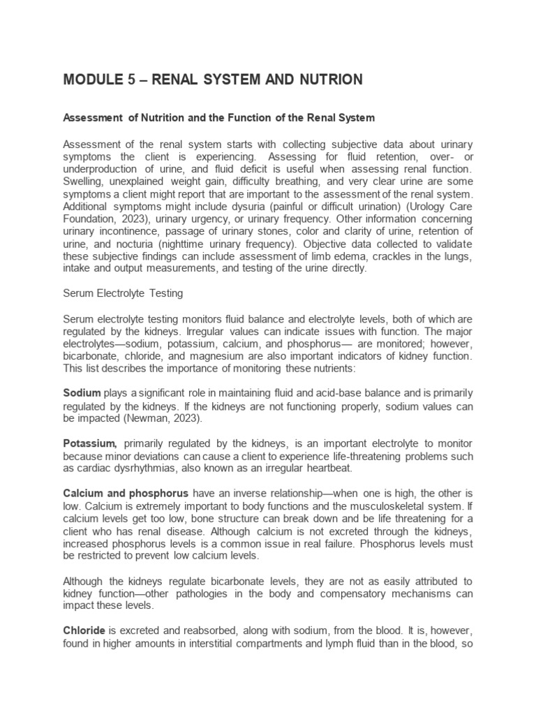 Module 5 Renal System and Nutrition | PDF | Kidney | Urinary System