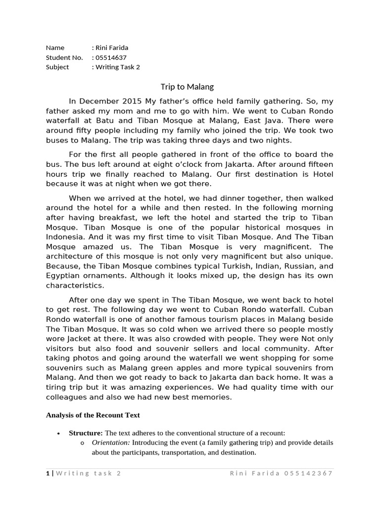Writing Task 2 Recount Text Rini Farida 055142367 | PDF | Linguistics
