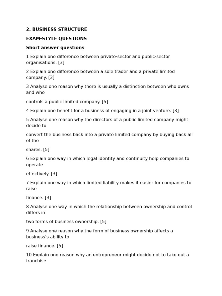 Business Structure Exam Style Questions | PDF | Coffee | Social Enterprise