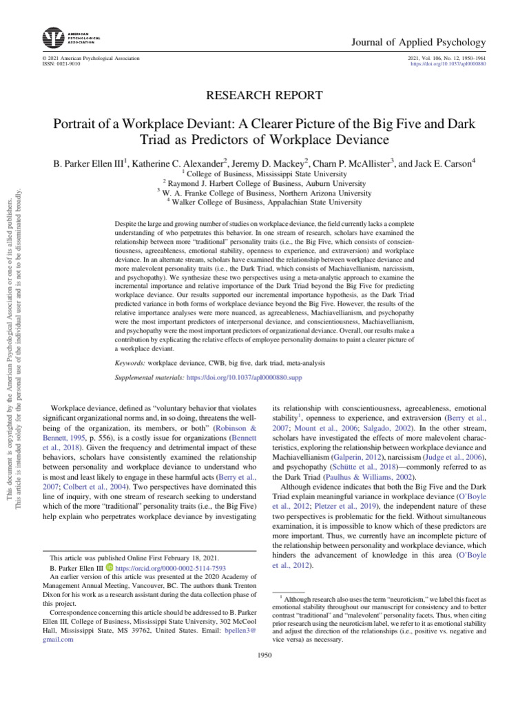 Predicting Workplace Deviance: Big Five vs. Dark Triad | PDF | Dark ...