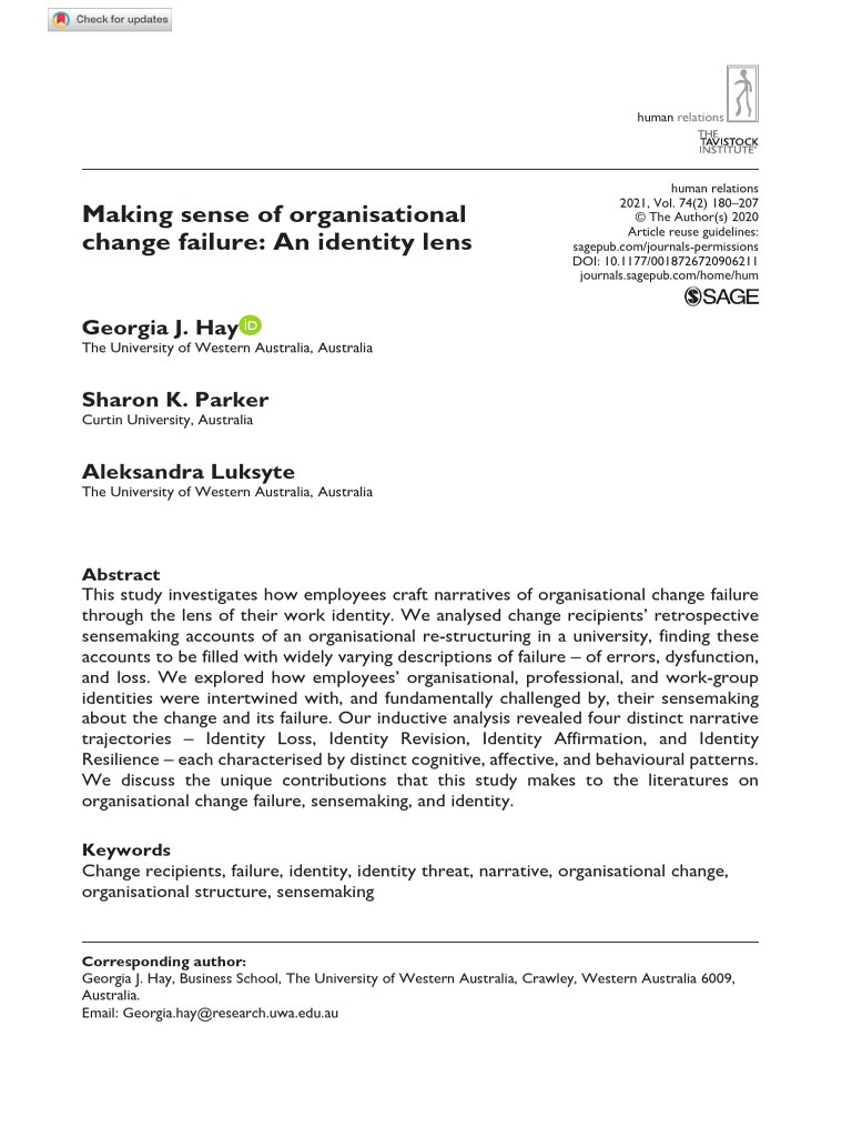 Week 10 Making Sense of Organisational Change Failure Hay Et Al 2020 ...