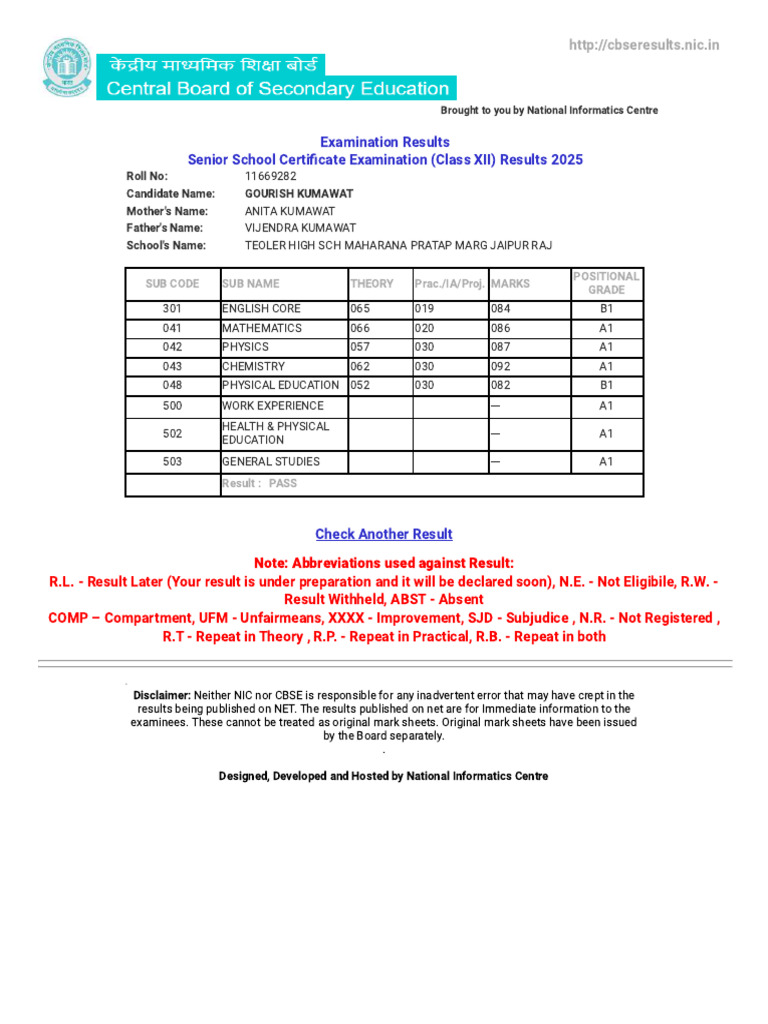 12th Marks Card | PDF