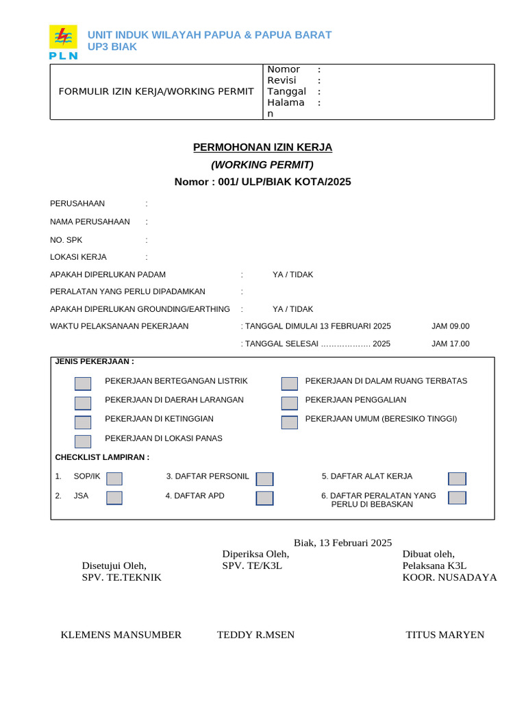 Formulir Izin Kerja | PDF
