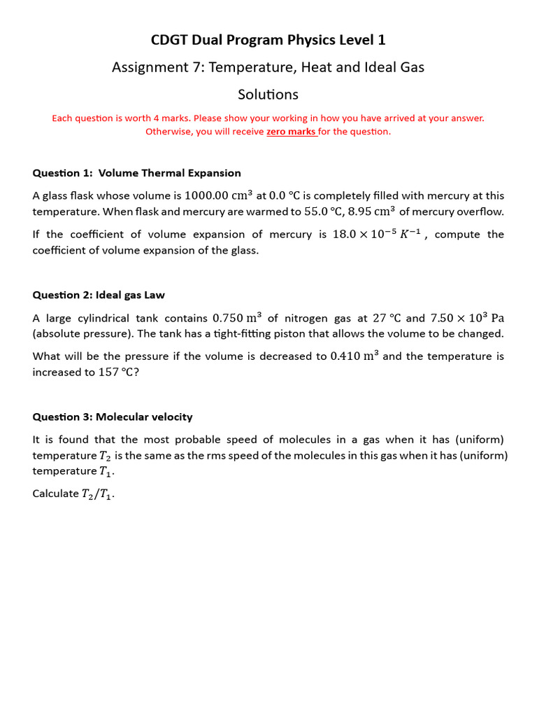 Assignment 7 Answer Key Ver2 | PDF | Gases | Thermal Expansion