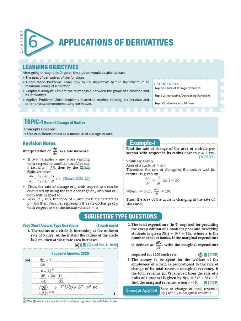 Class 12 Mathematics Neet Study Maerials 6. Applications of Derivatives ...
