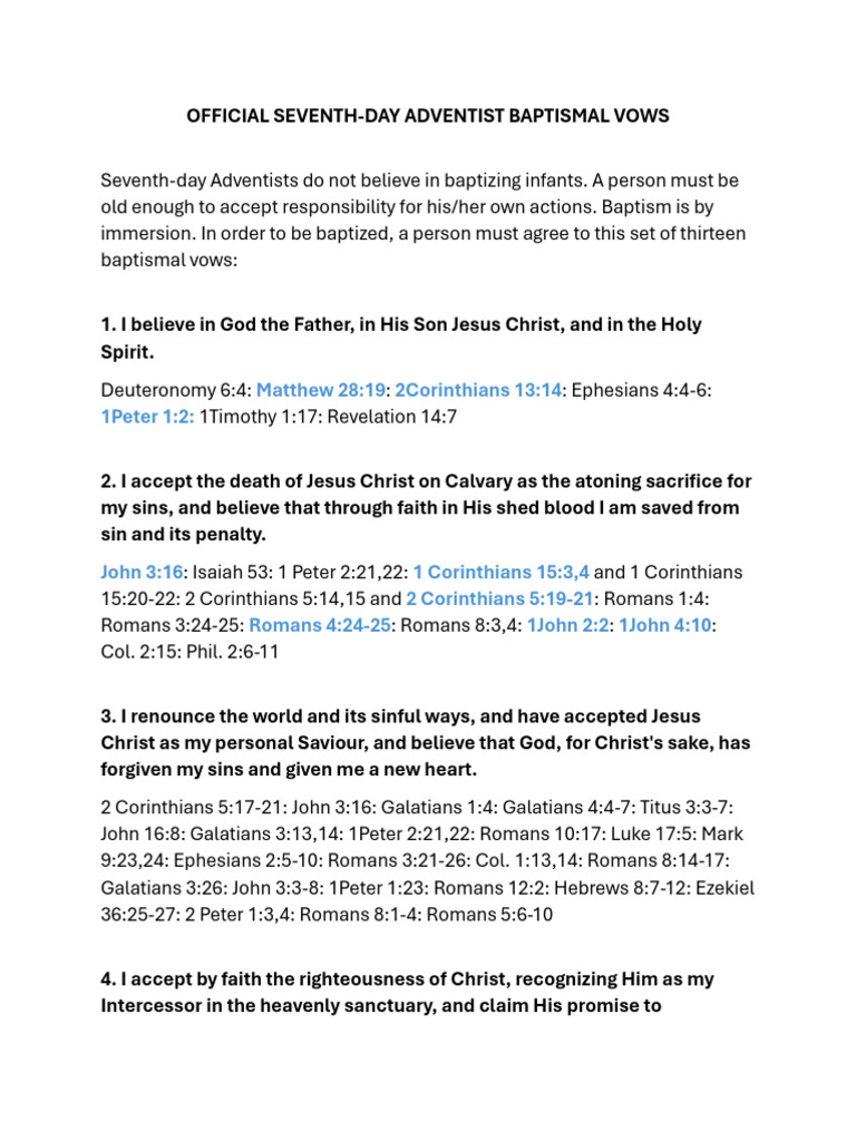 SDA Baptismal Vows Explained | PDF | Baptism | Jesus