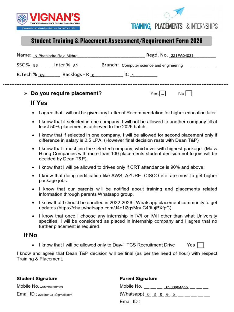 Student Placement Assessment Form 2026 | PDF