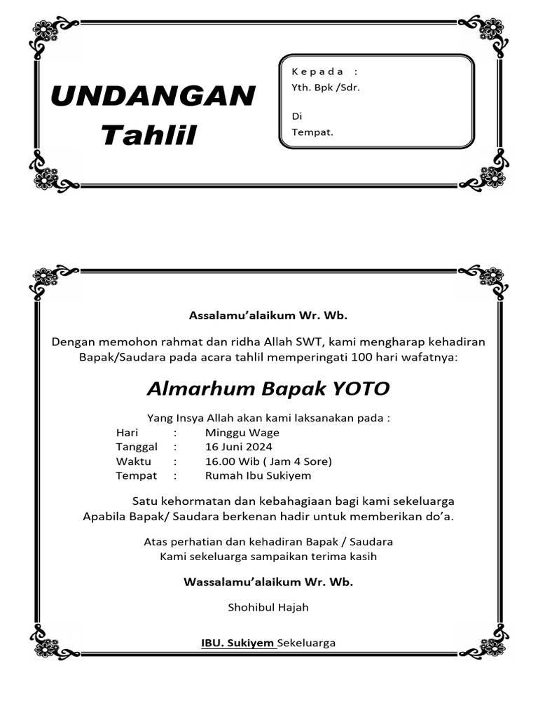 Undangan Tahlil 100 Hari | PDF
