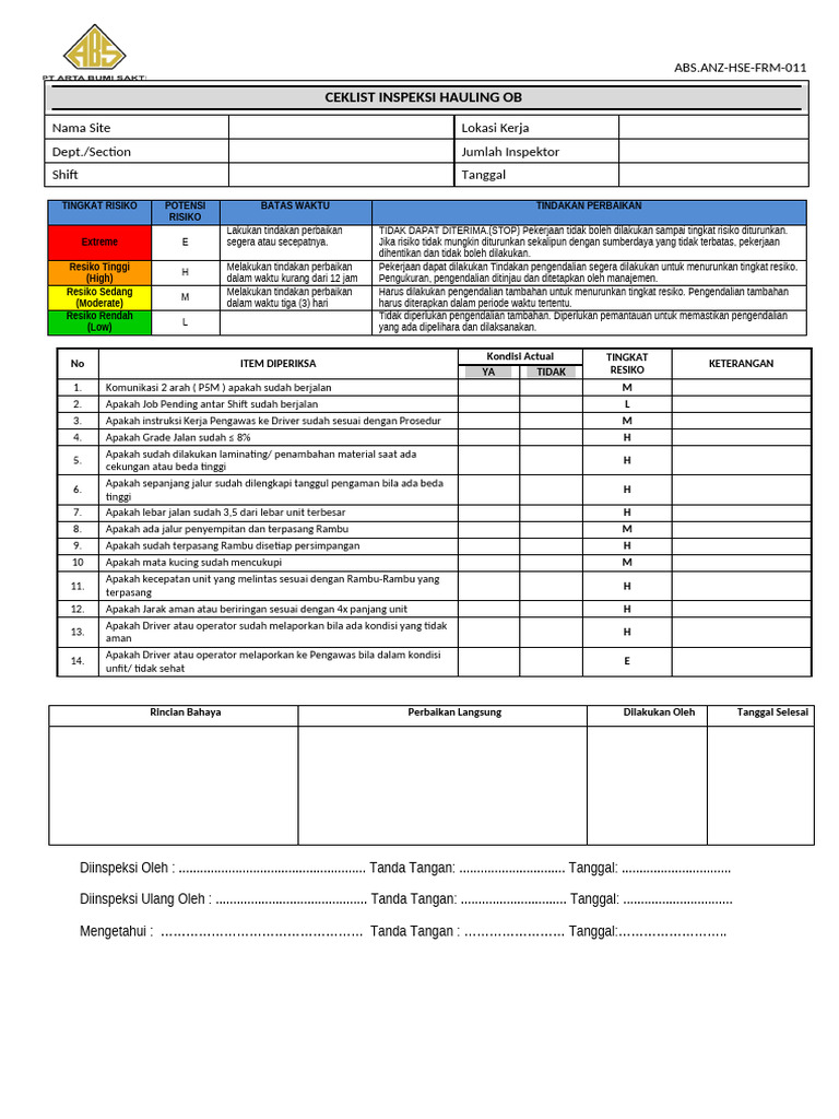 Abs - Anz Hse FRM 011 Inspeksi Hauling Ob | PDF