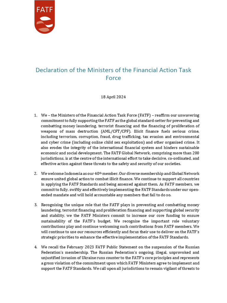 FATF Ministerial Declaration 2024 | PDF | Terrorism Financing | Economies
