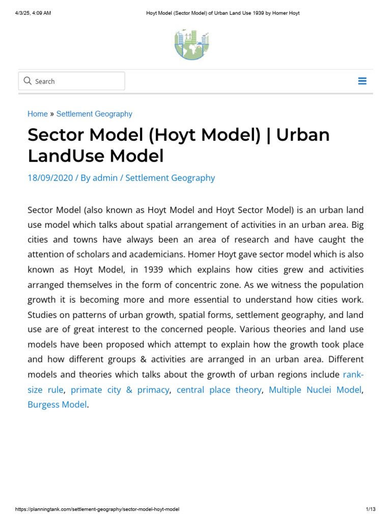 Hoyt Model (Sector Model) of Urban Land Use 1939 by Homer Hoyt | PDF ...