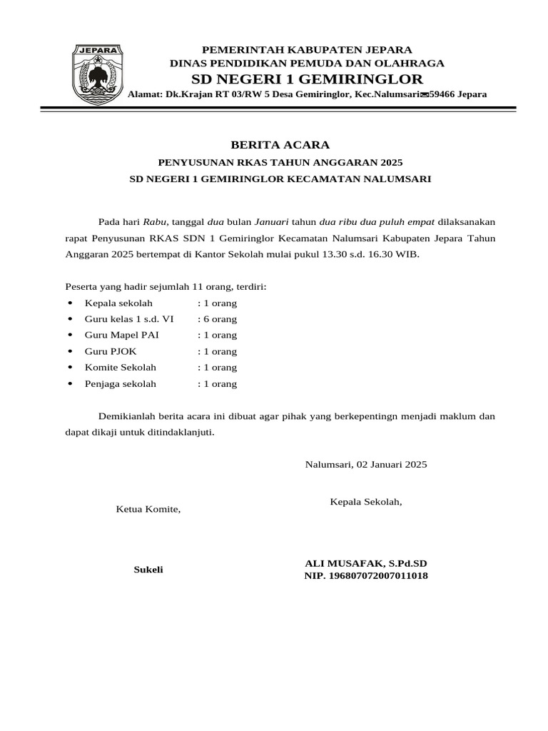 Berita Acara Penyusunan RKAS 2025 | PDF