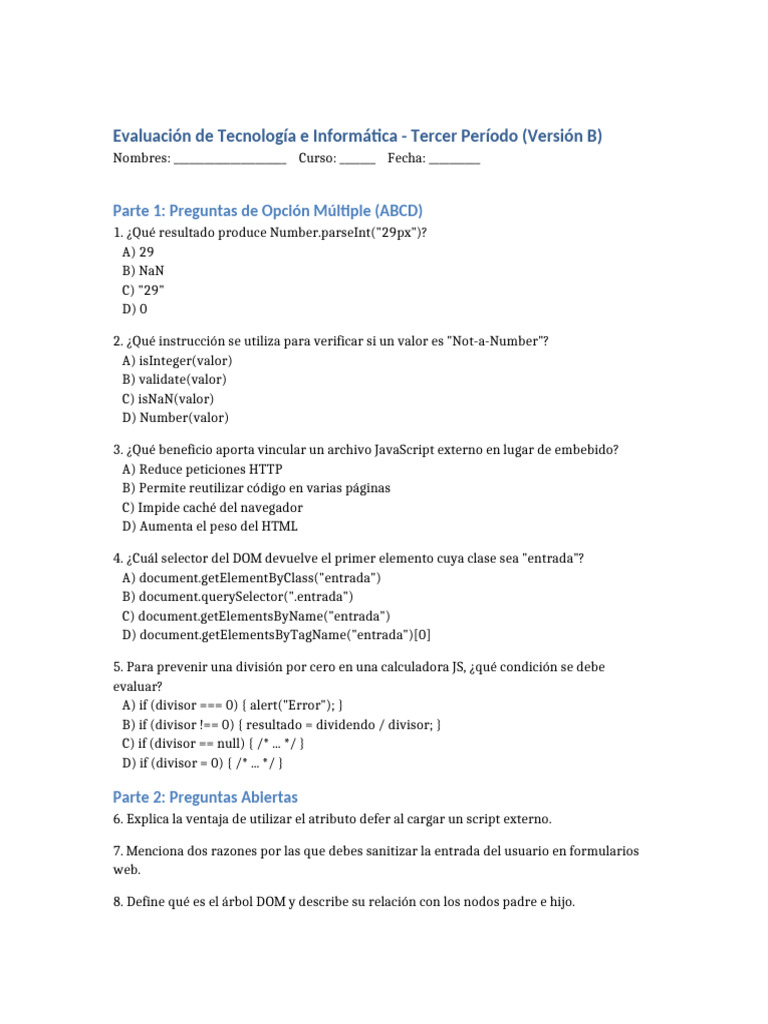 Examen Tecnologia VersionB | PDF | Script Java | Modelo de objeto de documento