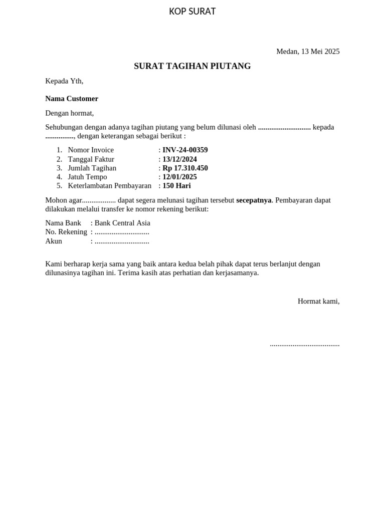 Surat Tagihan Piutang Contoh | PDF
