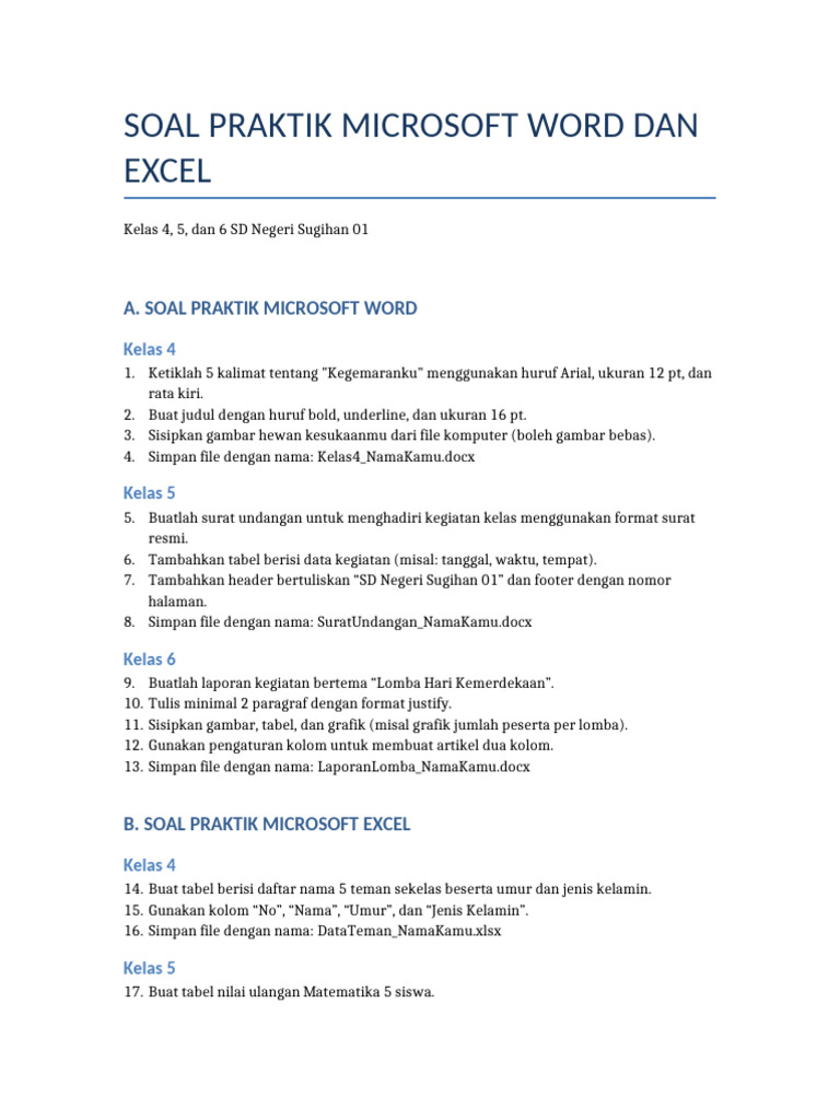 Soal Praktek Word Dan Excel Kelas 4 5 6 SD | PDF