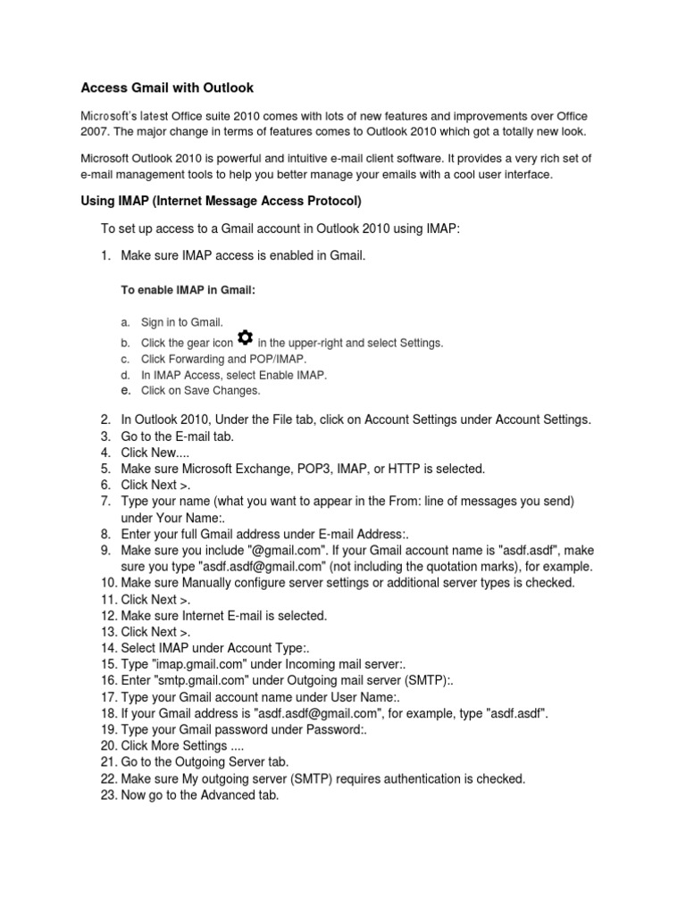 Access Gmail With Outlook Using IMAP | PDF | Gmail | Microsoft Outlook