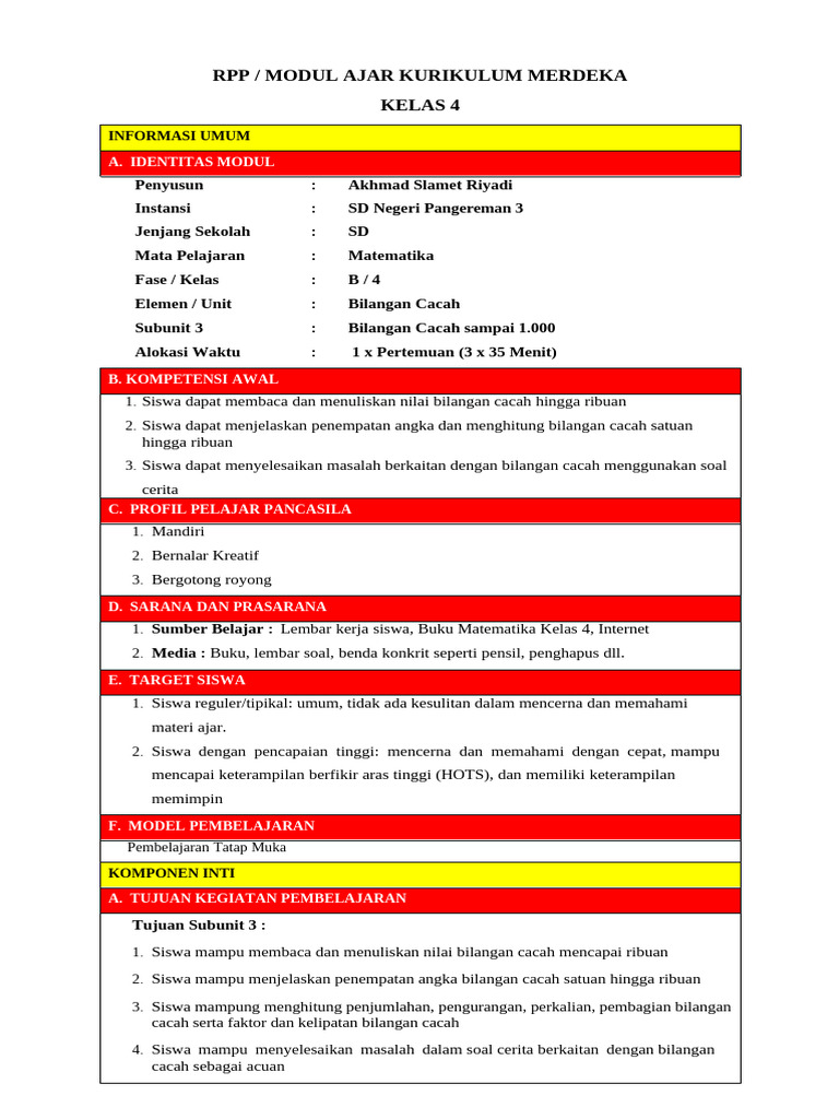 Modul Ajar Matematika Kelas 4 Bab 1 Yadi | PDF