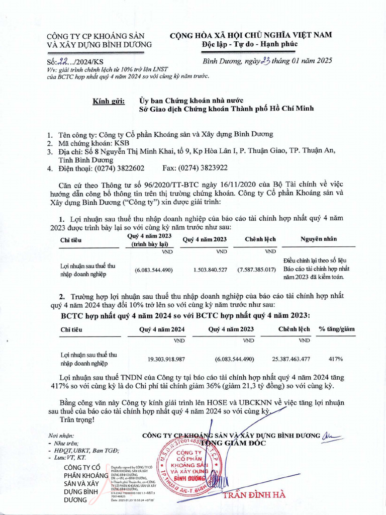 KSB - Giai Trinh Chenh Lenh BCTC Hop Nhat Q4 2024 - SIGN | PDF