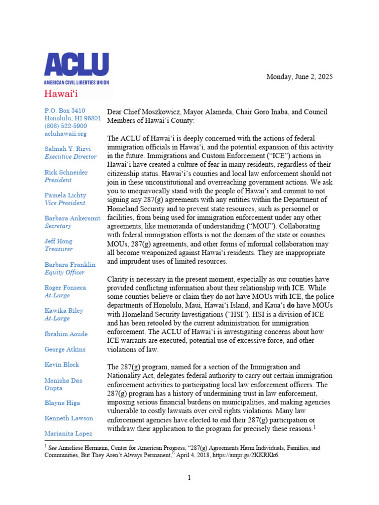 ACLU letter to Hawai‘i County | PDF | U.S. Immigration And Customs ...