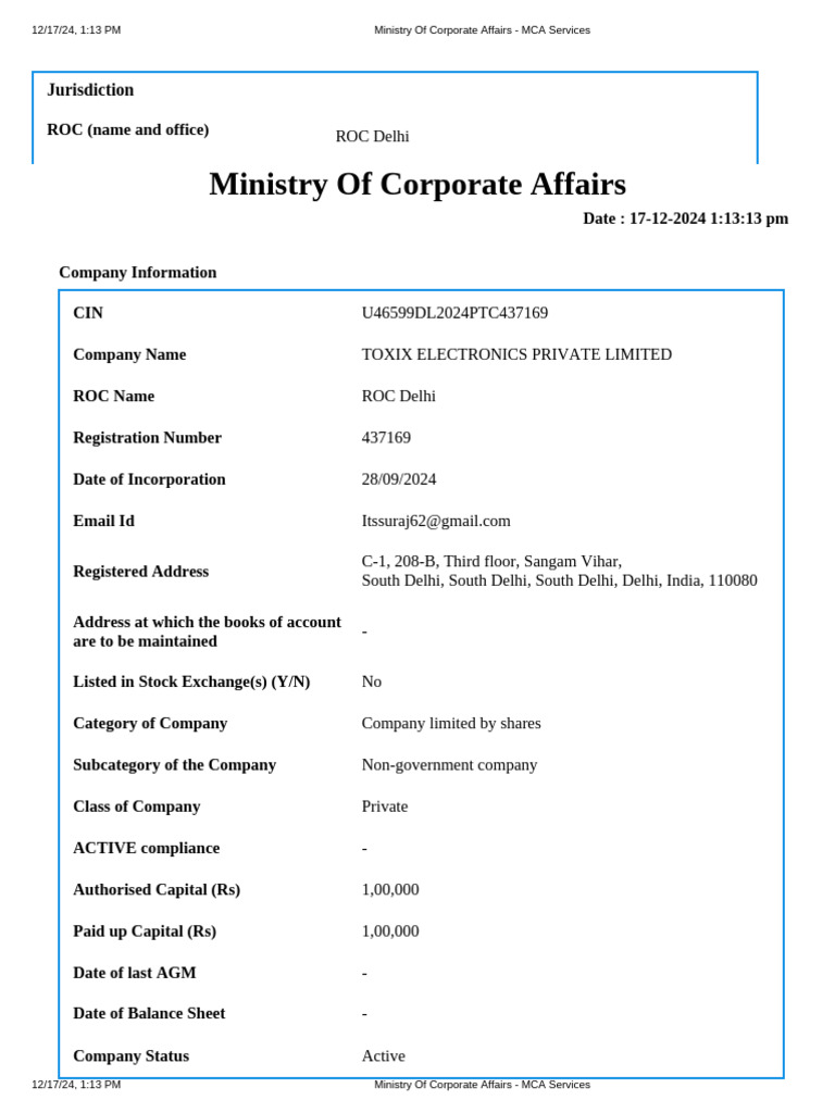 Ministry of Corporate Affairs - MCA Services Ti | PDF