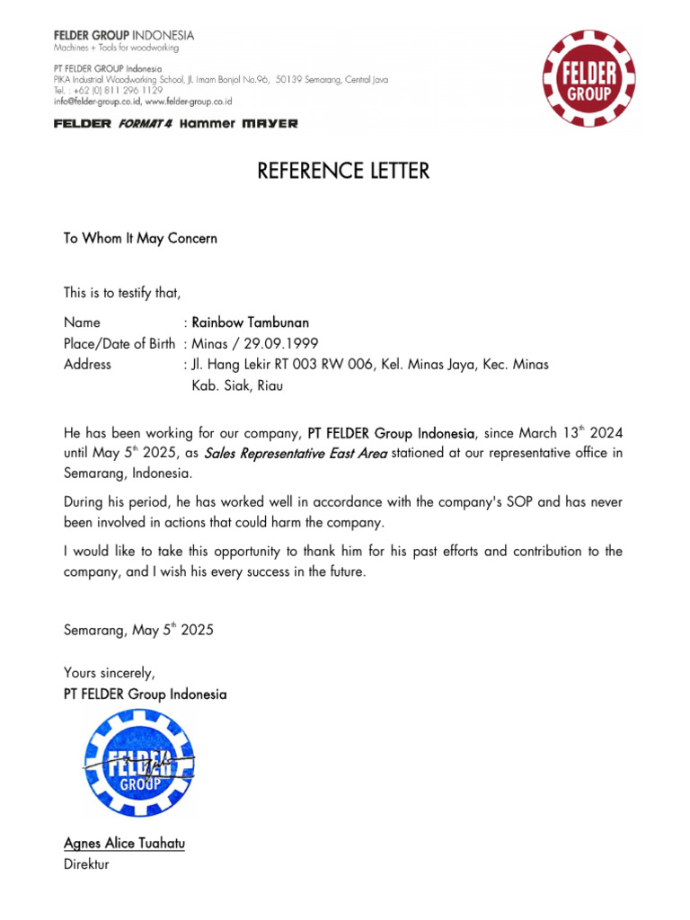 Paklaring Reference Letter Rainbow | PDF