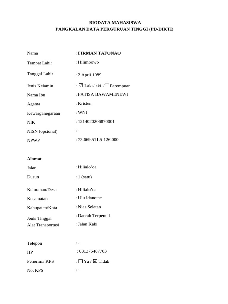 Firman Tafonao Biodata Mahasiswa | PDF