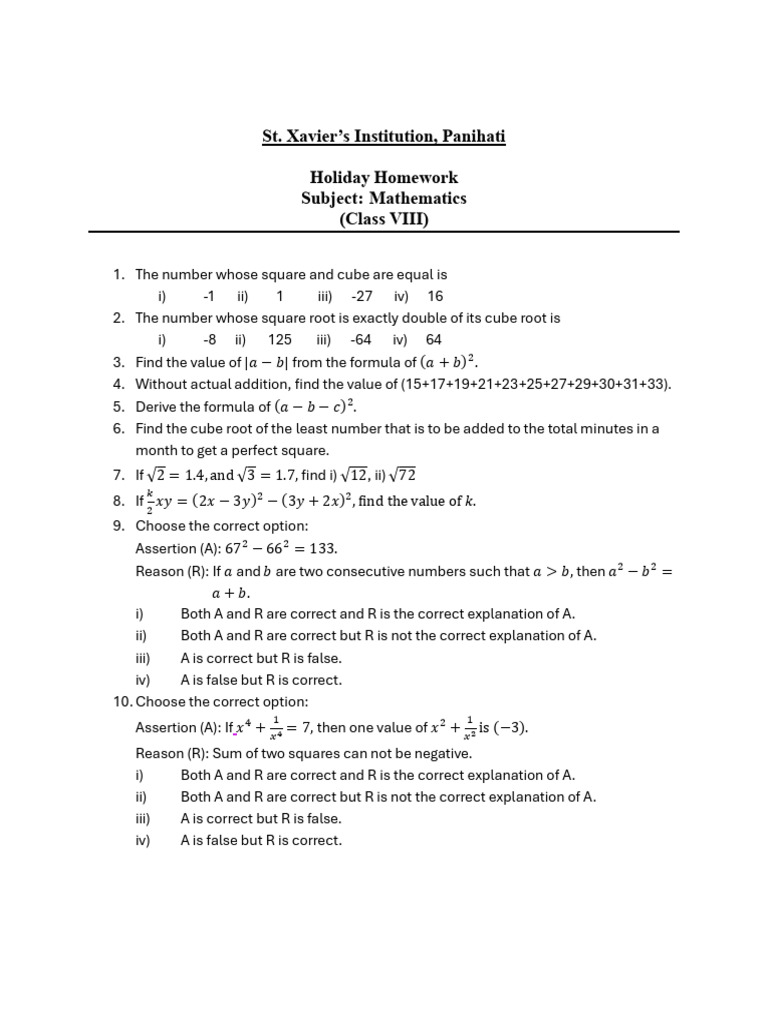 Holiday Homework Mathematics VIII | PDF