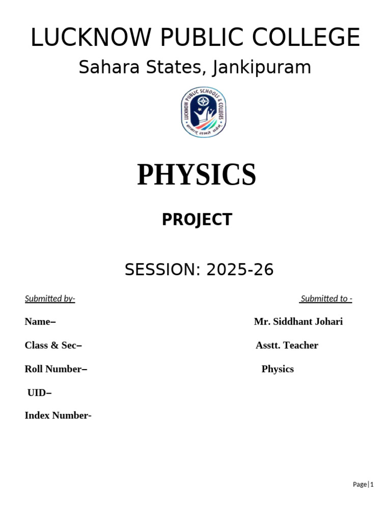 XII -Physics PROJECT_Cover Page & Acknowledgment - 2026 | PDF